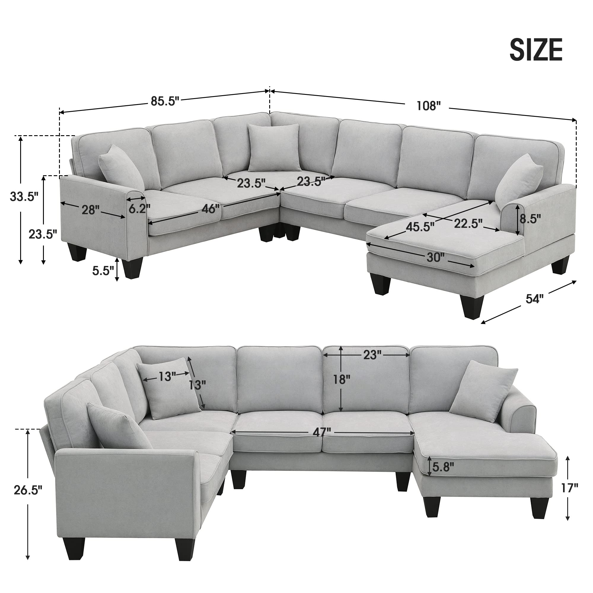 U Shape Sectional Sofa, 7-Seat Fabric Sectional Sofa Set with 3 Pillows,Fabric Corner Couch with Backrest and Armrest for Living Room, Apartment, Office (Light Grey)