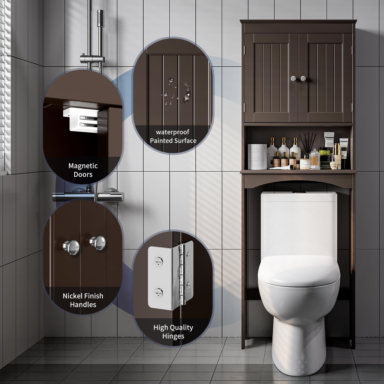 Bealife Over The Toilet Storage Cabinet with Open Shelf, Over Toilet Bathroom Organizer with Adjustable Shelf and Double Doors, Over The Toilet Storage Shelf Free Standing for Bathroom - Espresso