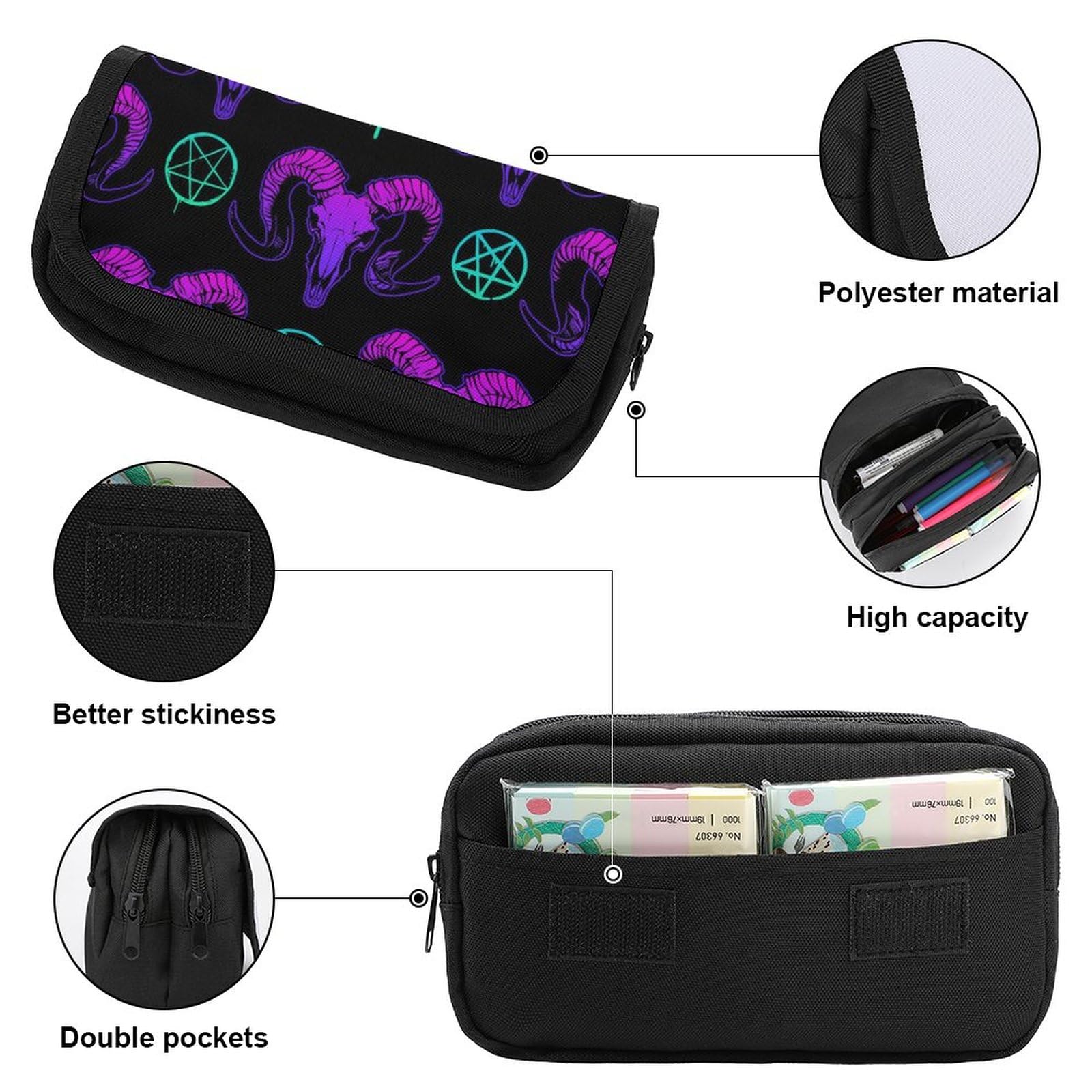 Large Storage Pencil Bag, Multifunction Pencil Bag With Zipper, Mystical Ram Skull Cosmetic Bag for Women Men Adult