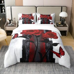 red rose 100% cotton duvet cover king,grunge black white ombre comforter cover for adult,vintage watercolor artwork bedding,oil painting butterfly floral bed sets with 2 pillow shams bedroom decor