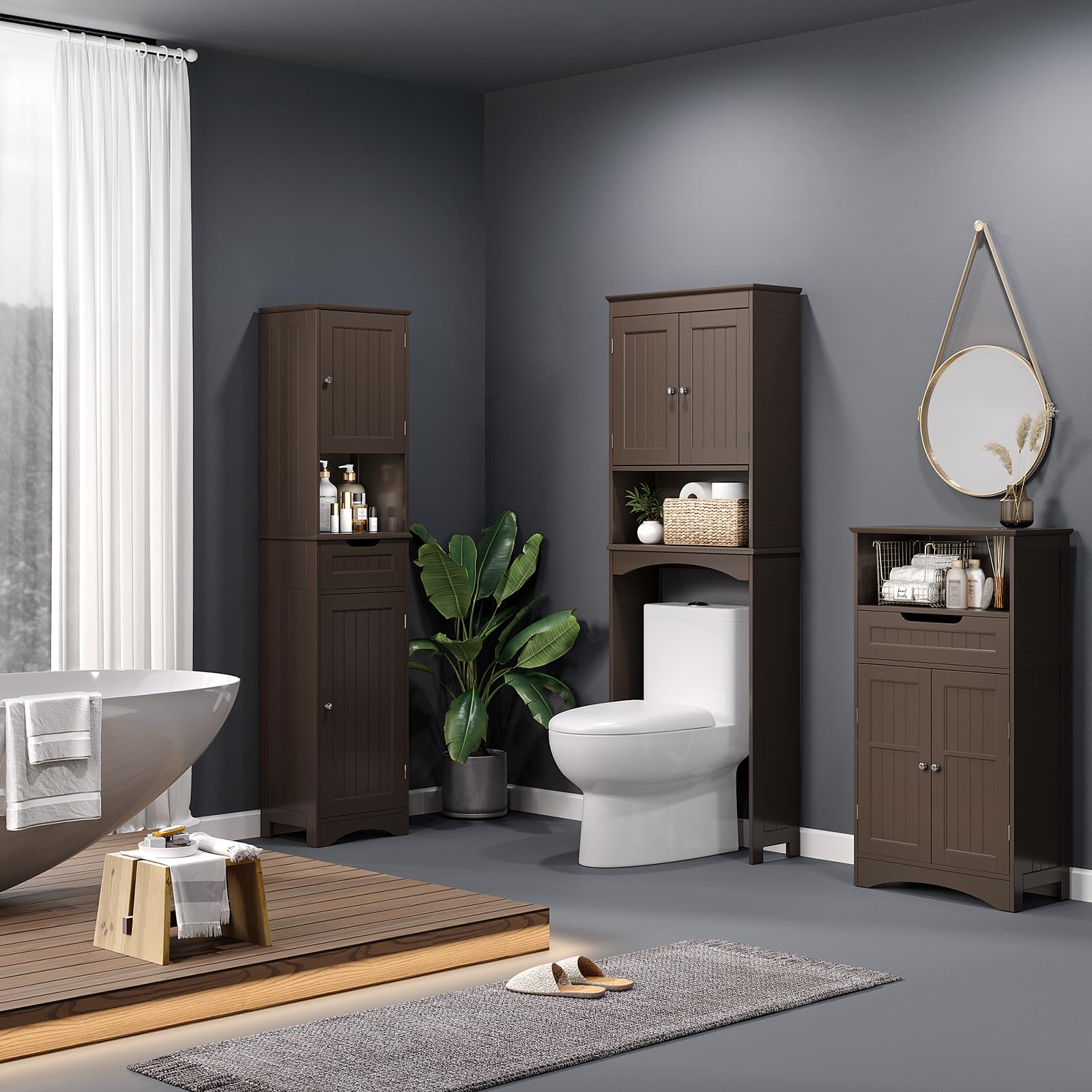 Bealife Over The Toilet Storage Cabinet with Open Shelf, Over Toilet Bathroom Organizer with Adjustable Shelf and Double Doors, Over The Toilet Storage Shelf Free Standing for Bathroom - Espresso