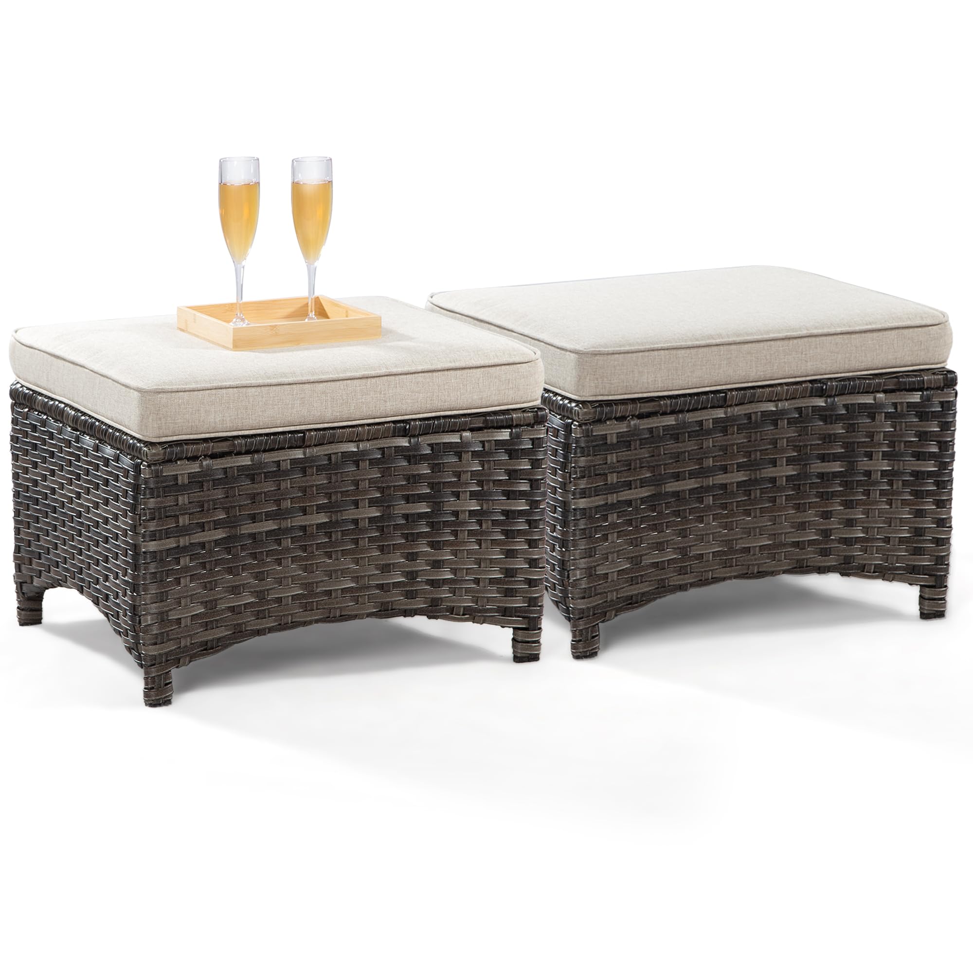 Joyside Outdoor Ottomans for Patio Set of 2 PE Wicker Steel Frame Outdoor Footstool with Removable Olefin Cushions for Garden, Patio, Backyard and Deck, Beige