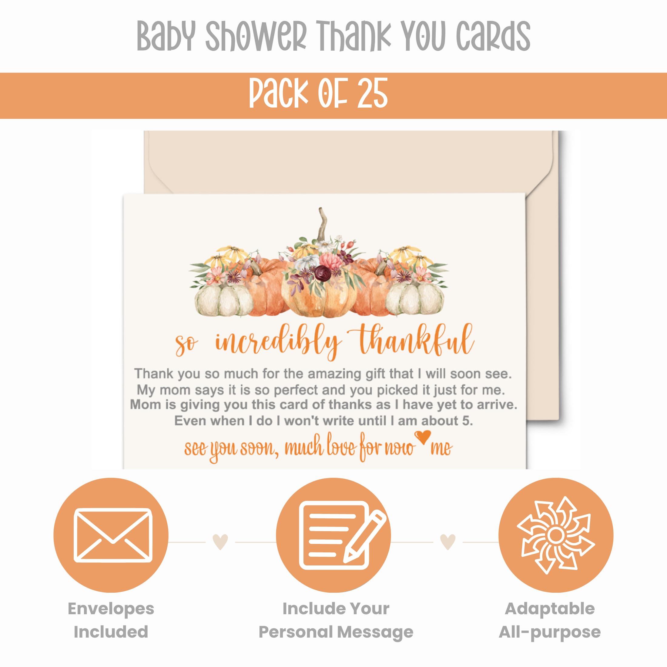 Paper Clever Party Rustic Pumpkin Baby Shower Thank You Cards with Envelopes Girls or Boys Prewritten Note with Personalized Message, 4x6, 25 Pack