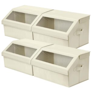 dimj closet storage bins with lids, storage boxes with front window, foldable fabric storage bins, closet organizers and storage for clothes towels shelves, 4 pack beige