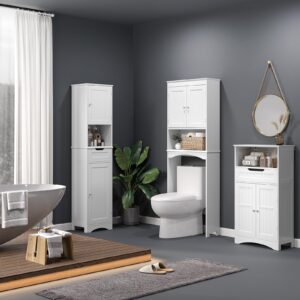 Bealife Over The Toilet Storage Cabinet with Open Shelf, Organizer with Adjustable Shelf and Double Doors,Over The Toilet Storage Shelf Free Standing- White