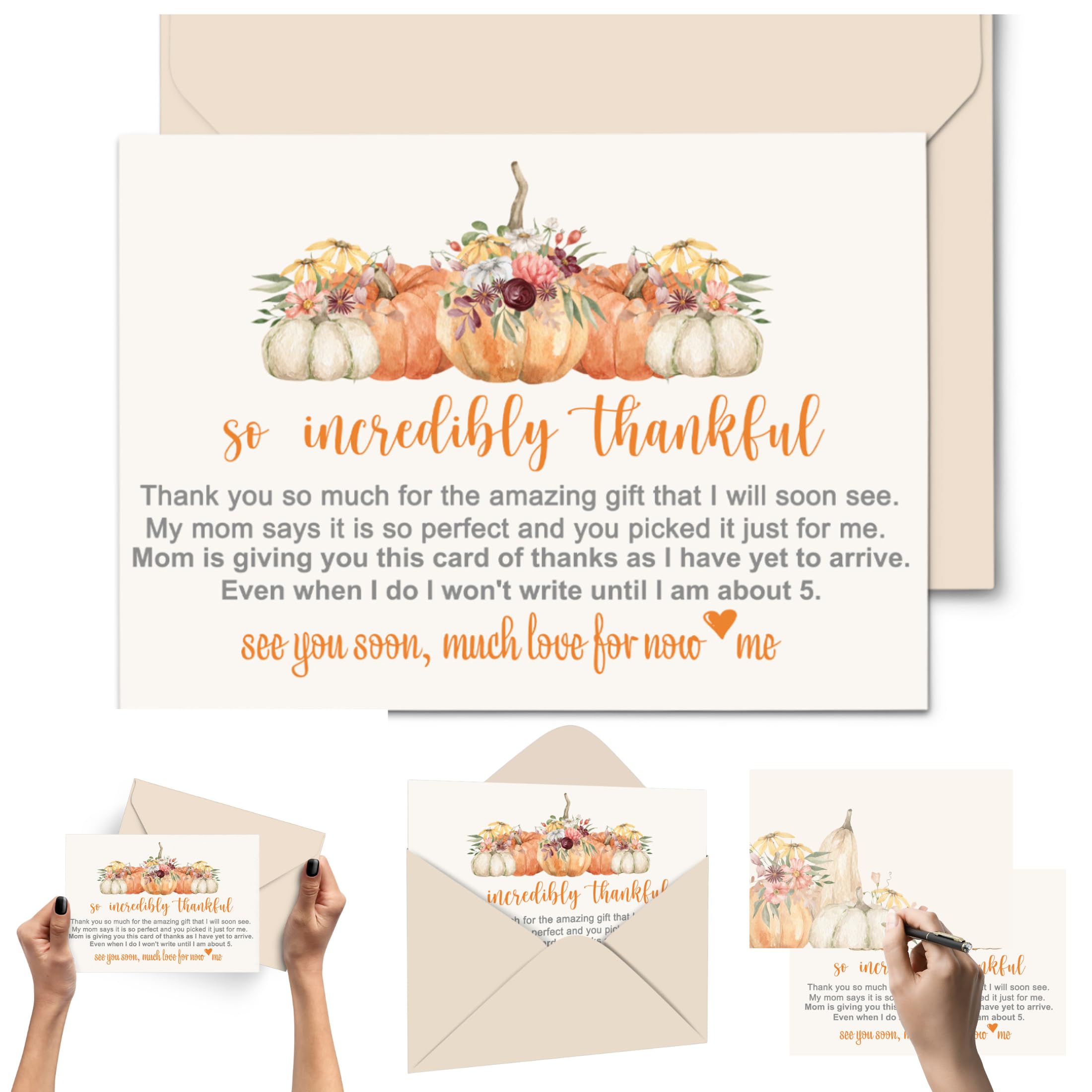 Paper Clever Party Rustic Pumpkin Baby Shower Thank You Cards with Envelopes Girls or Boys Prewritten Note with Personalized Message, 4x6, 25 Pack