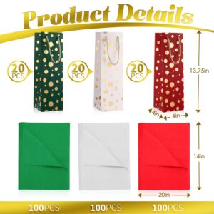 Woanger 60 Pieces Christmas Wine Gift Bags Bulk Red Green White Holiday Wine Bottle Bags with Handles and 300 Tissue Paper for Whiskey Spirits Drinks Xmas Winter Party Gift Wrapping Supplies(Dot)