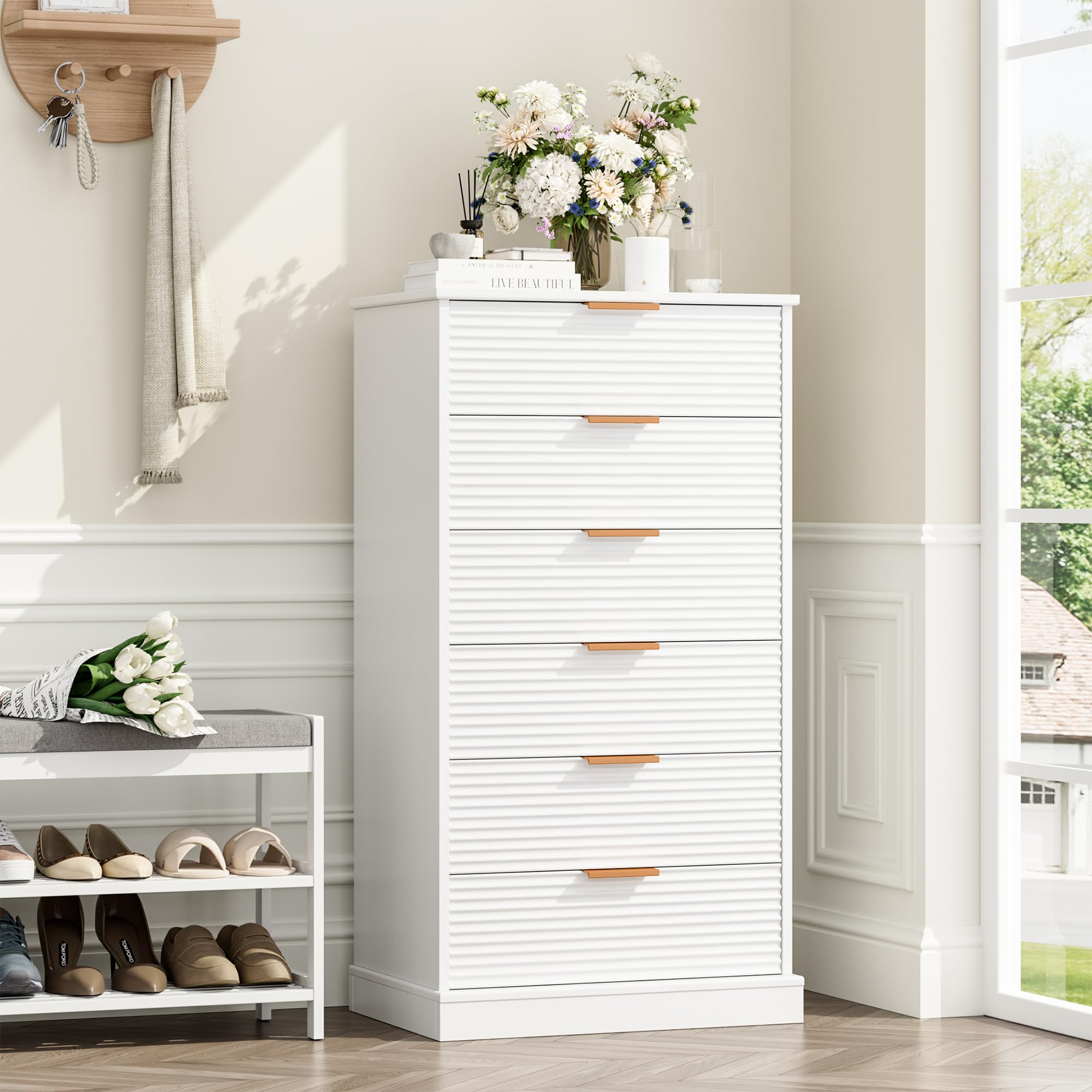 FACBOTALL 6 Drawer Dresser, Tall White Dresser with Large Storage Space, Modern Chest of Drawers with Handles, 6 Large Capacity Vertical Dressers for Home & Office