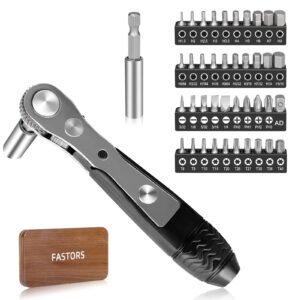 fastors right angle screwdriver,42 pcs 1/4 mini ratchet set,90 degree offset ratcheting wrench,hex/torx/slotted/phillips magnetic bits,stocking stuffers for men&women