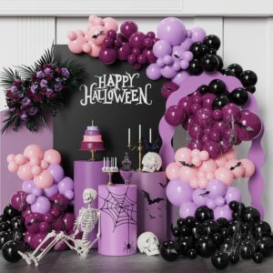 151pcs halloween pink purple black balloon garland arch kit with bat stickers for kids home halloween scary spooky boo birthday party decorations (pink purple)