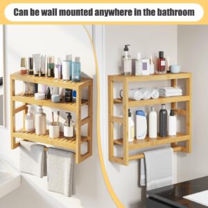 Furshus Bathroom Organizer Shelves 3 Tiers Floating Shelf with Hanging Bar Over The Toilet Storage Bathroom Wall Shelf-Adjustable Wall Bathroom Organizer (Natural)