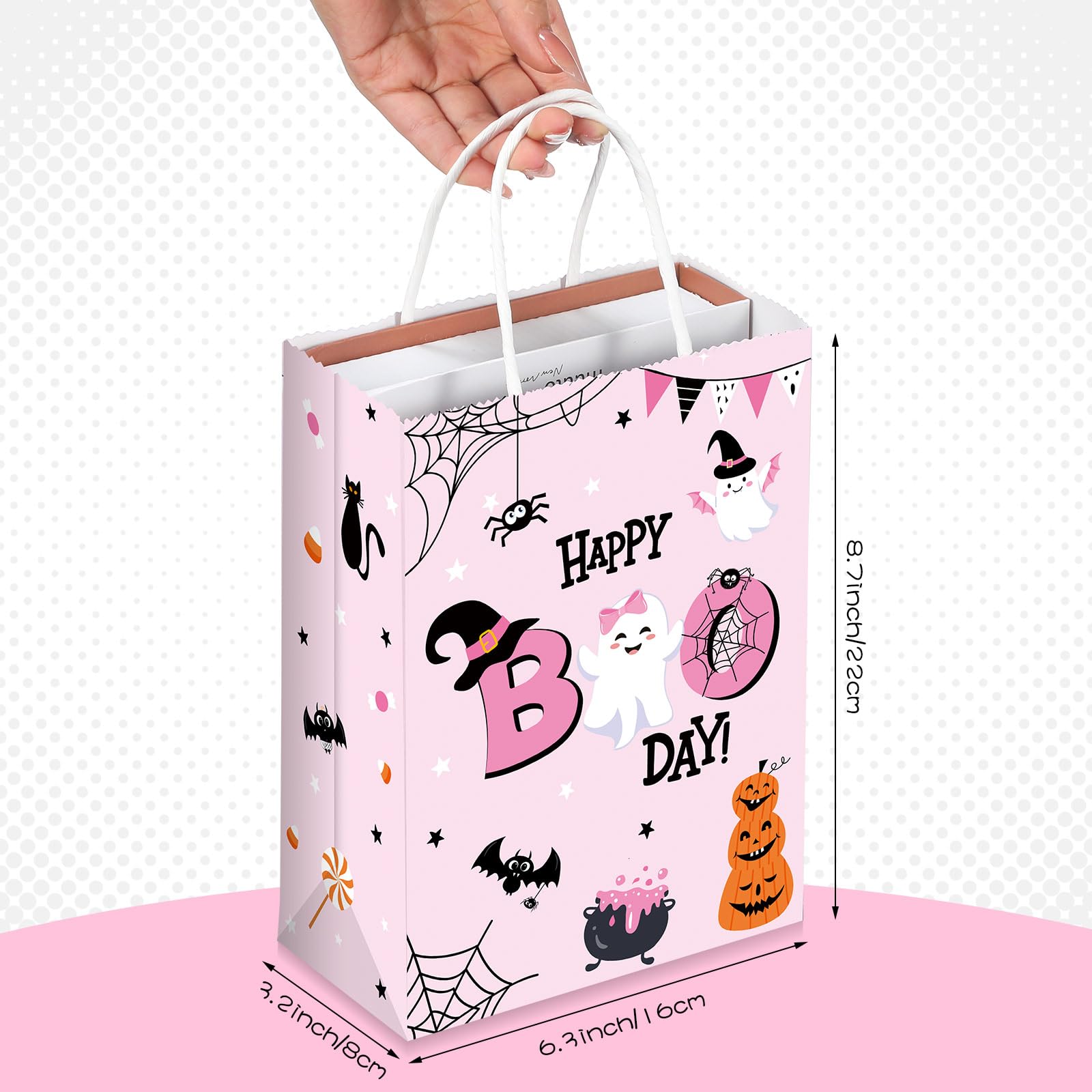 Yeaqee 30 Pcs Pink Halloween Bags Little Boo Bags Kraft Paper 30 Pcs Tissue Paper Goody Present Bags for Halloween Party Kids Theme Birthday Baby Shower Party Favors, 8.6 x 6.3 x 3.15 Inch