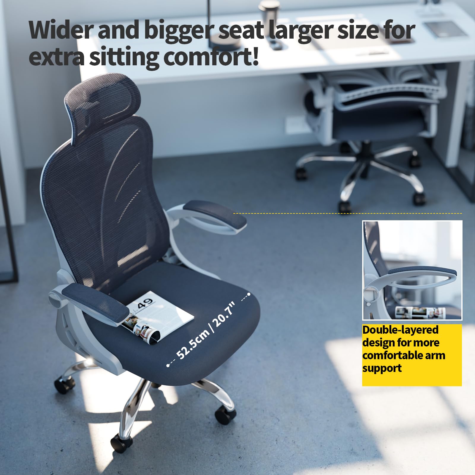 HOLLUDLE Ergonomic Office Chair with Foldable Backrest, Computer Desk Chair with Flip-up Armrests, Mesh Lumbar Support and 2D Headrest Big and Tall Office Chair, White