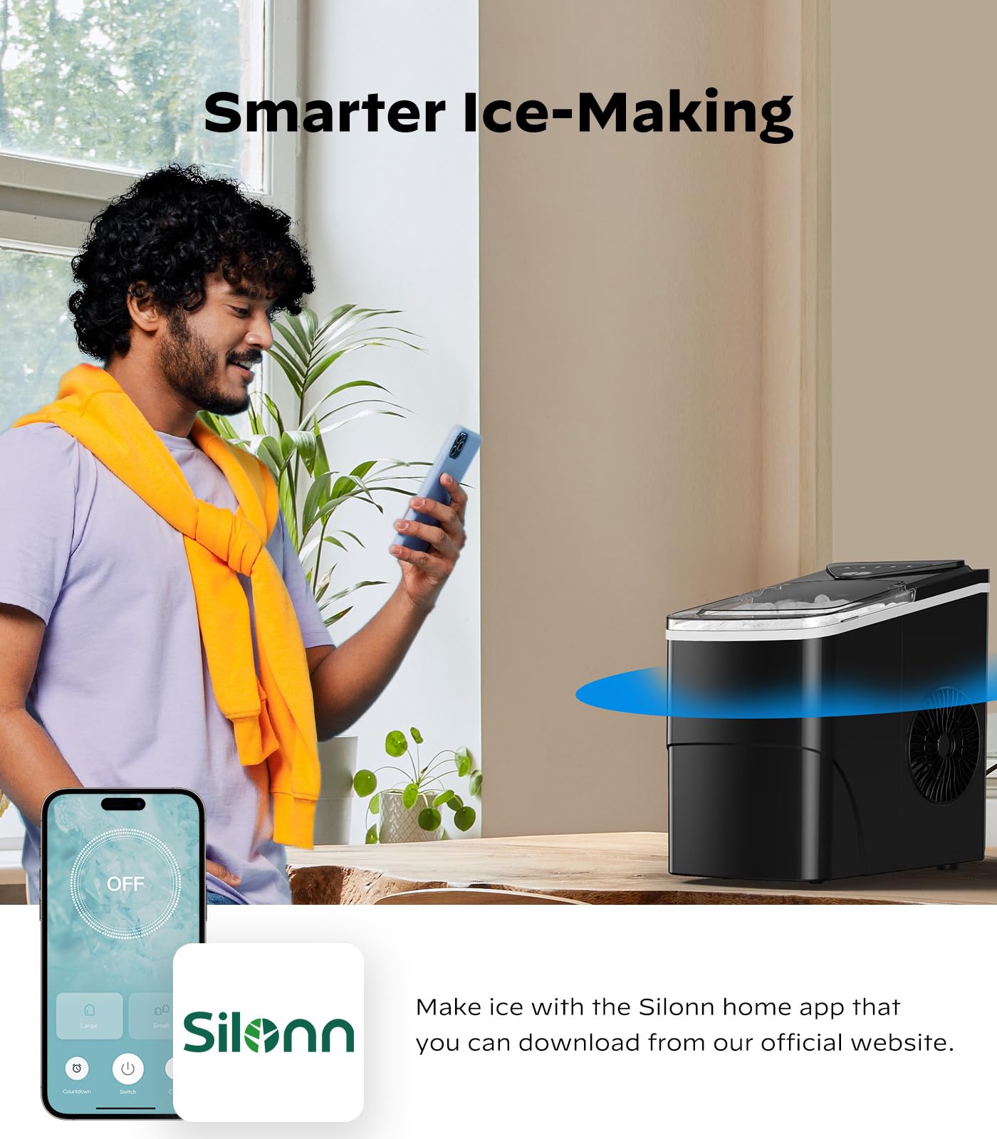 Silonn Smart Countertop Ice Maker, Compact Wi-Fi Ice Maker with App Control, 9 Cubes in 6 Mins, 26 lbs per Day, 2 Ice Cube Sizes, Portable Ice Maker with Self-Cleaning for Kitchen/Office/RV