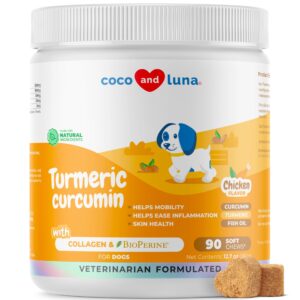 turmeric curcumin for dogs - 90 soft chews - with collagen, bioperine and fish oil - hip & joint support, ease inflammation, antioxidant, cardiovascular & liver support.