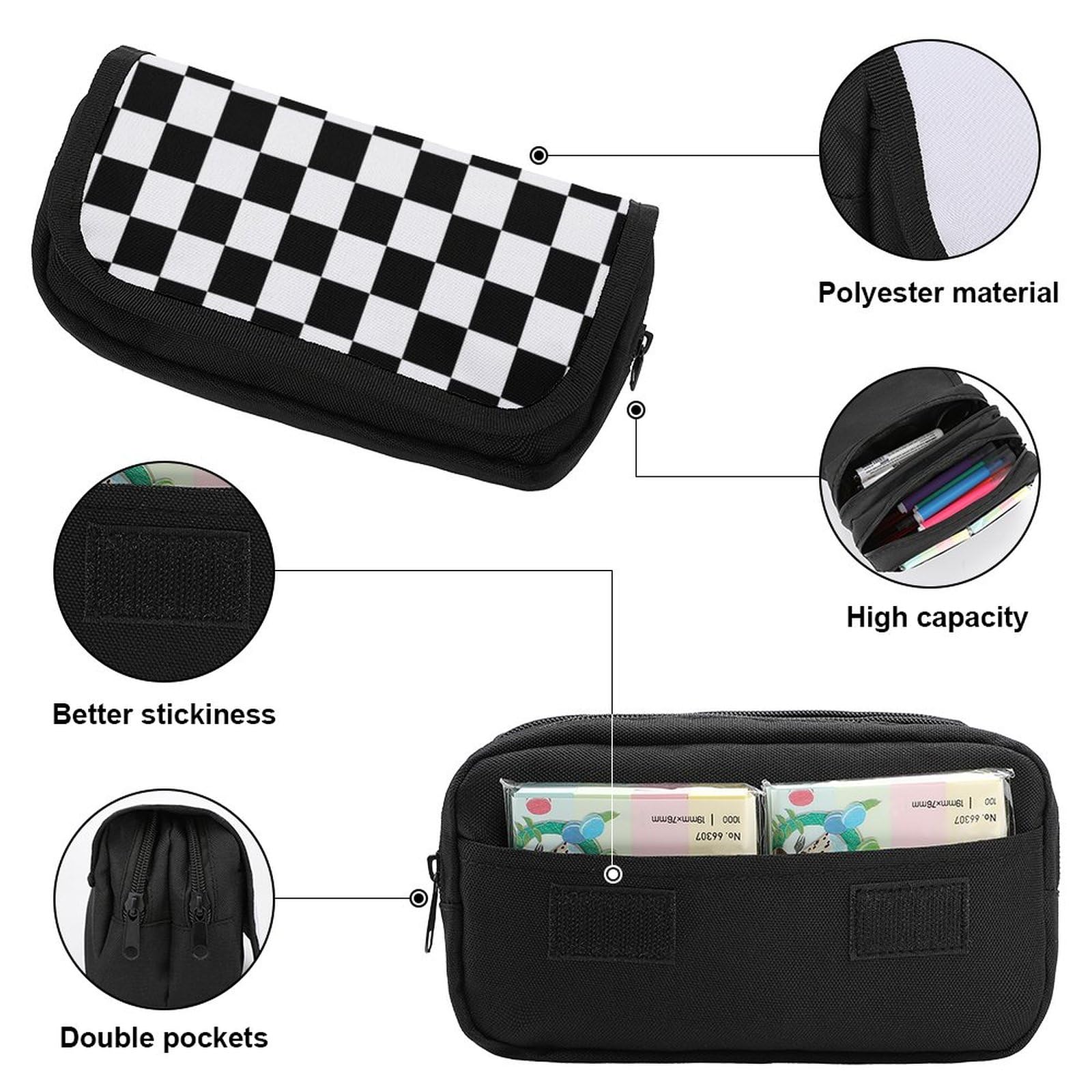 Pencil Bag With Zipper, Race Checkerboard Checkered Black And White Portable Pen Pouch for Men, Lightweight Pen Bag for Office College, Travel