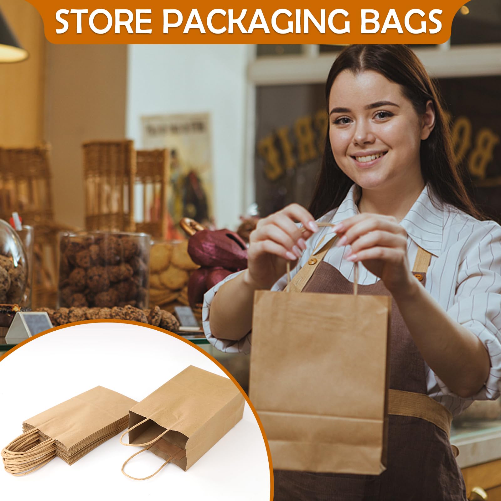 XPCARE 200Pcs Paper Gift Bags 5.25x3.25x8.25'',Gift Wrap Bags with Handles Brown Kraft Paper Bags for Small Business Paper Bags Bulk for Birthday Party Favors Shopping Retail