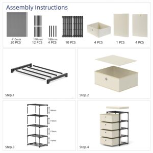 HODYANN Dresser with 4 Storage Drawers, Fabric Storage Chest for Closet, Bedroom, Dorm, Hallway, Clothes Organizer Unit with Fabric Bins (Creamy White)