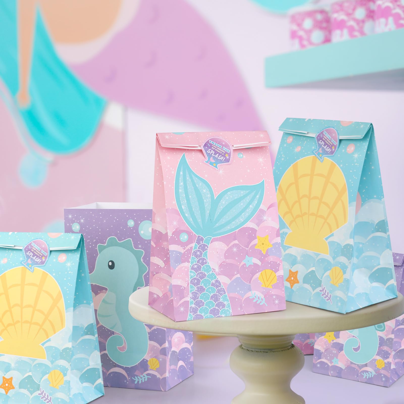 HEJIN 30PCS Mermaid Party Favor Bags with Stickers, Mermaid Birthday Decorations - Great for Girls Kids Under the Sea Party Favors, Birthday Party, Baby Shower, Easter, Wedding, Halloween