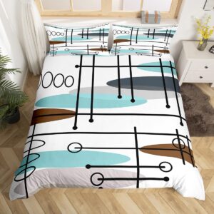 erosebridal mid century bedding sets queen modern minimalist comforter cover, hippie old fashion bed set abstract artwork duvet cover, aesthetic lines circles quilt cover teal white grey