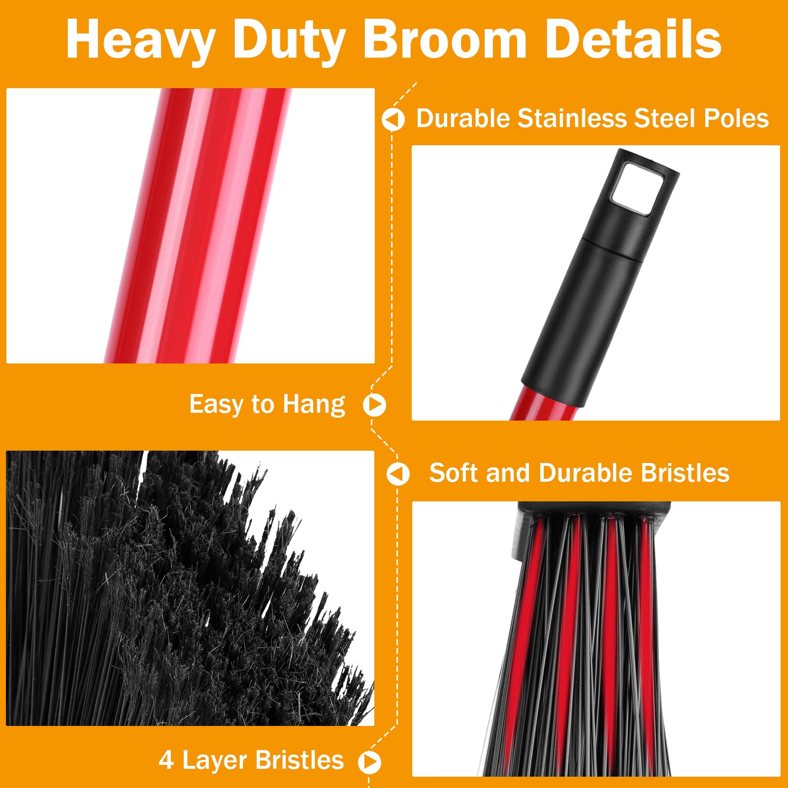 Maxcheck 6 Pcs Broom and Dustpan Set 54 Inch Heavy Duty Brooms with Dust Pan Combo Set Indoor Broom and Dustpan Commercial Shop Angle Brooms Bulk for Home Office Lobby Kitchen(Red)