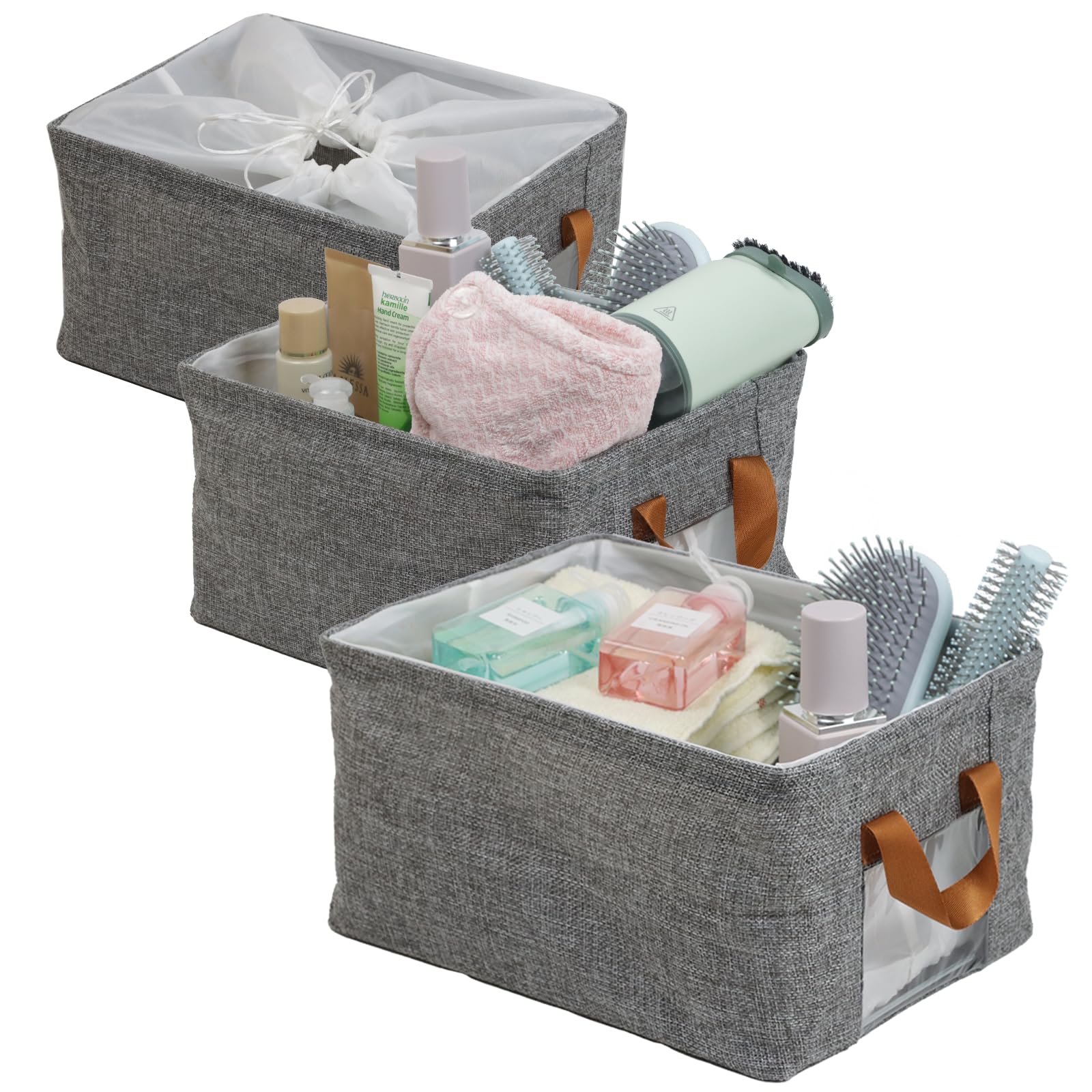 3pc 10 Liters Linen Storage Baskets with Dust-proof Opening & Handles & Visible Window, Foldable Small Fabric Bins Decorative Basket Organizer Boxes for Organizing Dresser Shelves