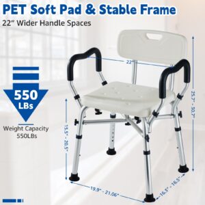 KSITEX Shower Chair for Inside Shower, Padded Shower Seat Chair with Arms and Back, 6-Level Adjustable Shower Stool Chair for Elderly and Disabled, 550 LB Heavy Duty Handicap Shower Bath Chair