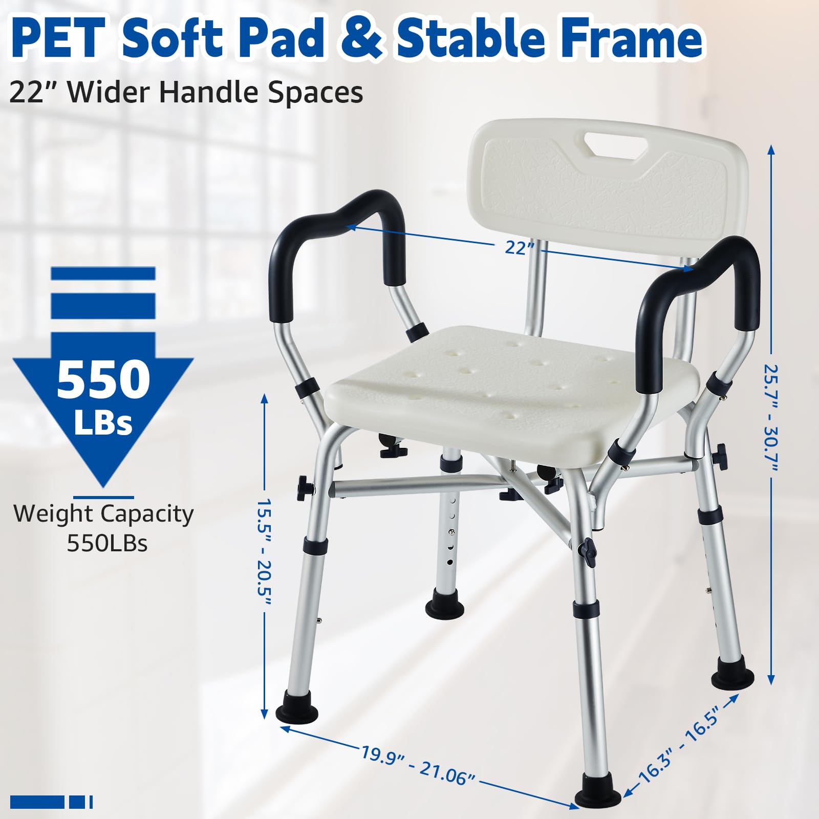 KSITEX Shower Chair for Inside Shower, Padded Shower Seat Chair with Arms and Back, 6-Level Adjustable Shower Stool Chair for Elderly and Disabled, 550 LB Heavy Duty Handicap Shower Bath Chair