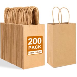 XPCARE 200Pcs Paper Gift Bags 5.25x3.25x8.25'',Gift Wrap Bags with Handles Brown Kraft Paper Bags for Small Business Paper Bags Bulk for Birthday Party Favors Shopping Retail