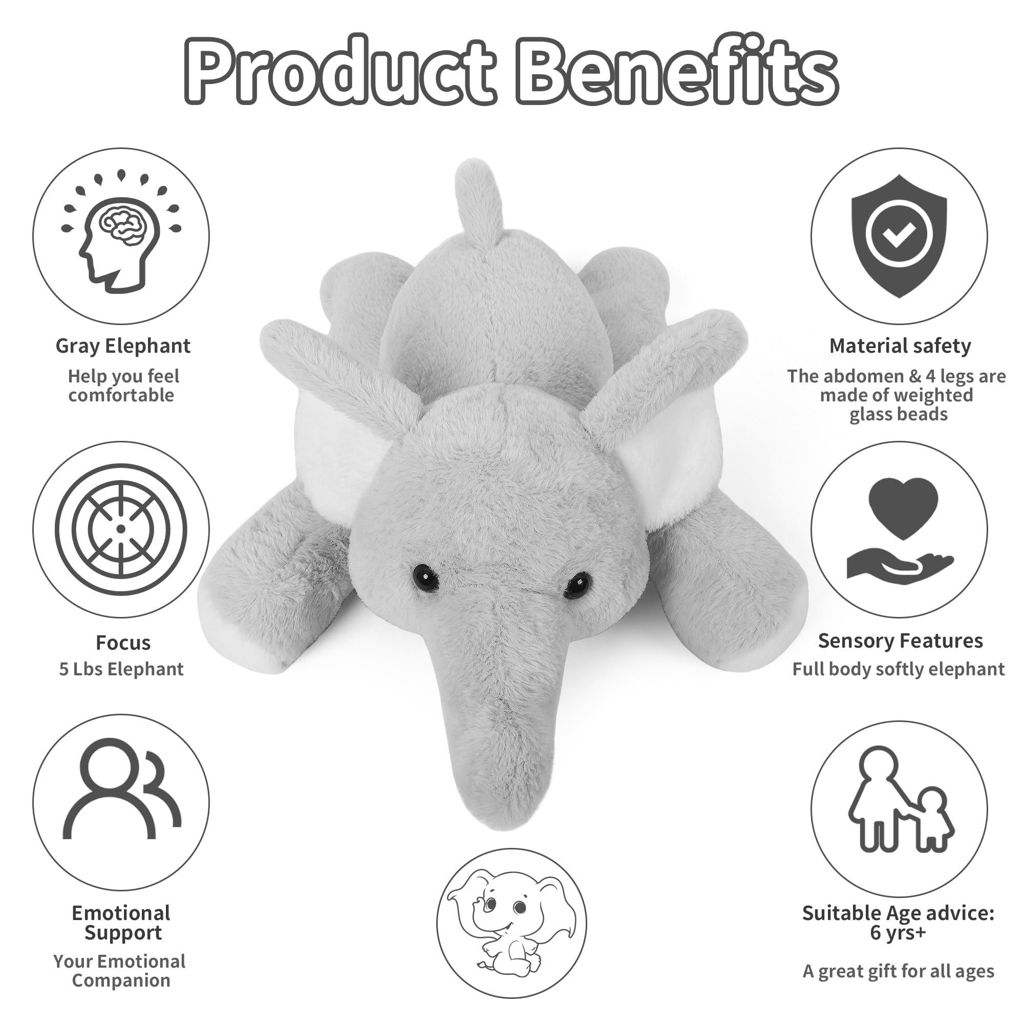 WeBingo Elephant Weighted Stuffed Animals, 5 Pounds Weighted Plush Toy 27" Comfort Big Weighted Throw Pillow Cute Elephant Plush Gifts for Kids & Adults(Gray Elephant, 27 Inch | 5 lbs)