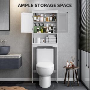 Bealife Over The Toilet Storage Cabinet with Open Shelf, Organizer with Adjustable Shelf and Double Doors,Over The Toilet Storage Shelf Free Standing- White