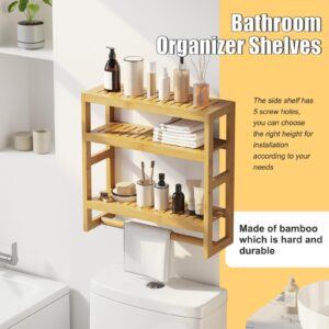 Furshus Bathroom Organizer Shelves 3 Tiers Floating Shelf with Hanging Bar Over The Toilet Storage Bathroom Wall Shelf-Adjustable Wall Bathroom Organizer (Natural)