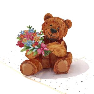 niumcraft pop up greeting card teddy bear hold bouquet flower card cartoon animals flower birthday thank you card for kid mom dad family friend gift