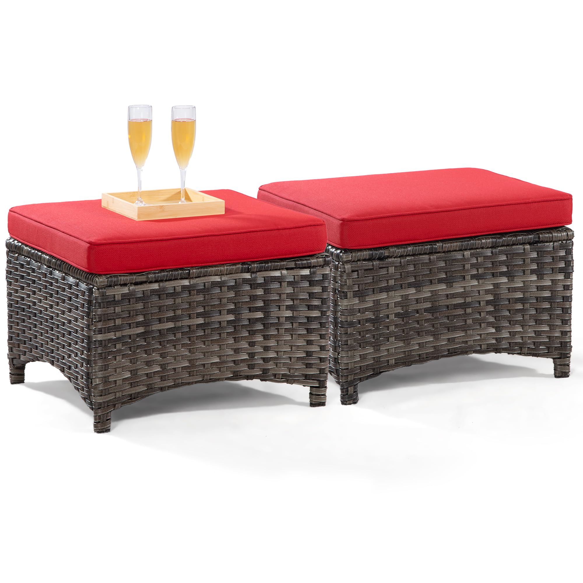 Joyside Outdoor Ottomans for Patio Set of 2 PE Wicker Steel Frame Outdoor Footstool with Removable Olefin Cushions for Garden, Patio, Backyard and Deck, Red