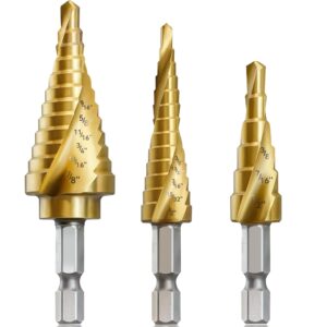 aimlentool 3pc step drill bit set, 1/4" hex shank high-speed steel spiral grooved step drill bit for sheet aluminium metal wood hole drilling, 31 step sizes taper drill bit set for diy lovers