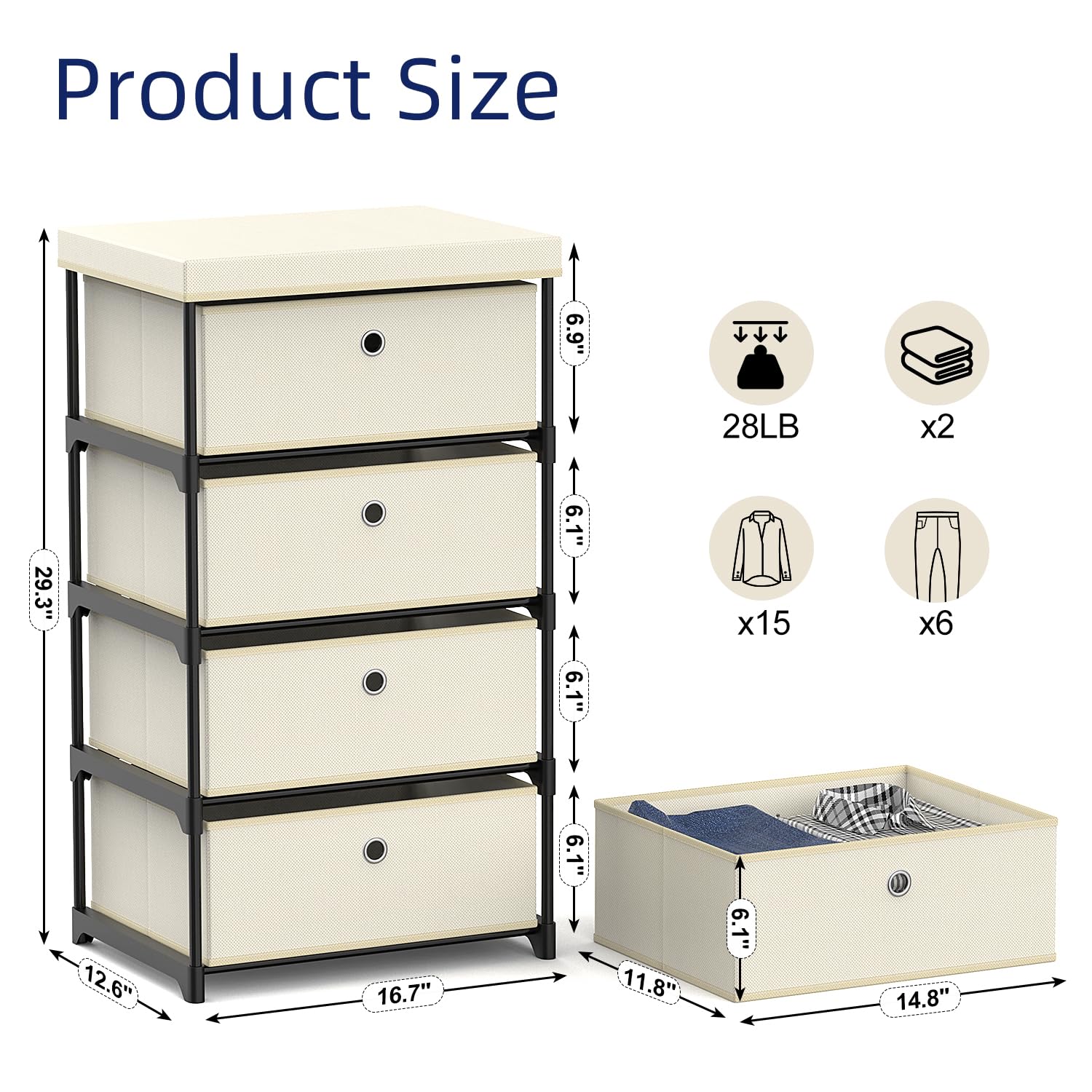 HODYANN Dresser with 4 Storage Drawers, Fabric Storage Chest for Closet, Bedroom, Dorm, Hallway, Clothes Organizer Unit with Fabric Bins (Creamy White)