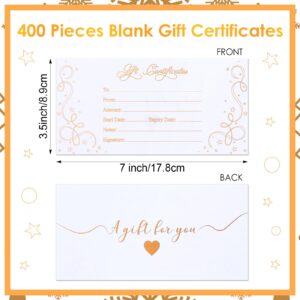 Colarr 400 Pieces Blank Gift Certificates for Business Gold Present Cards Vouchers Gift Certificate Cards for Spa Beauty Salon Restaurant Christmas Wedding Bridal Birthday Holder, 3.5 x 7 Inch