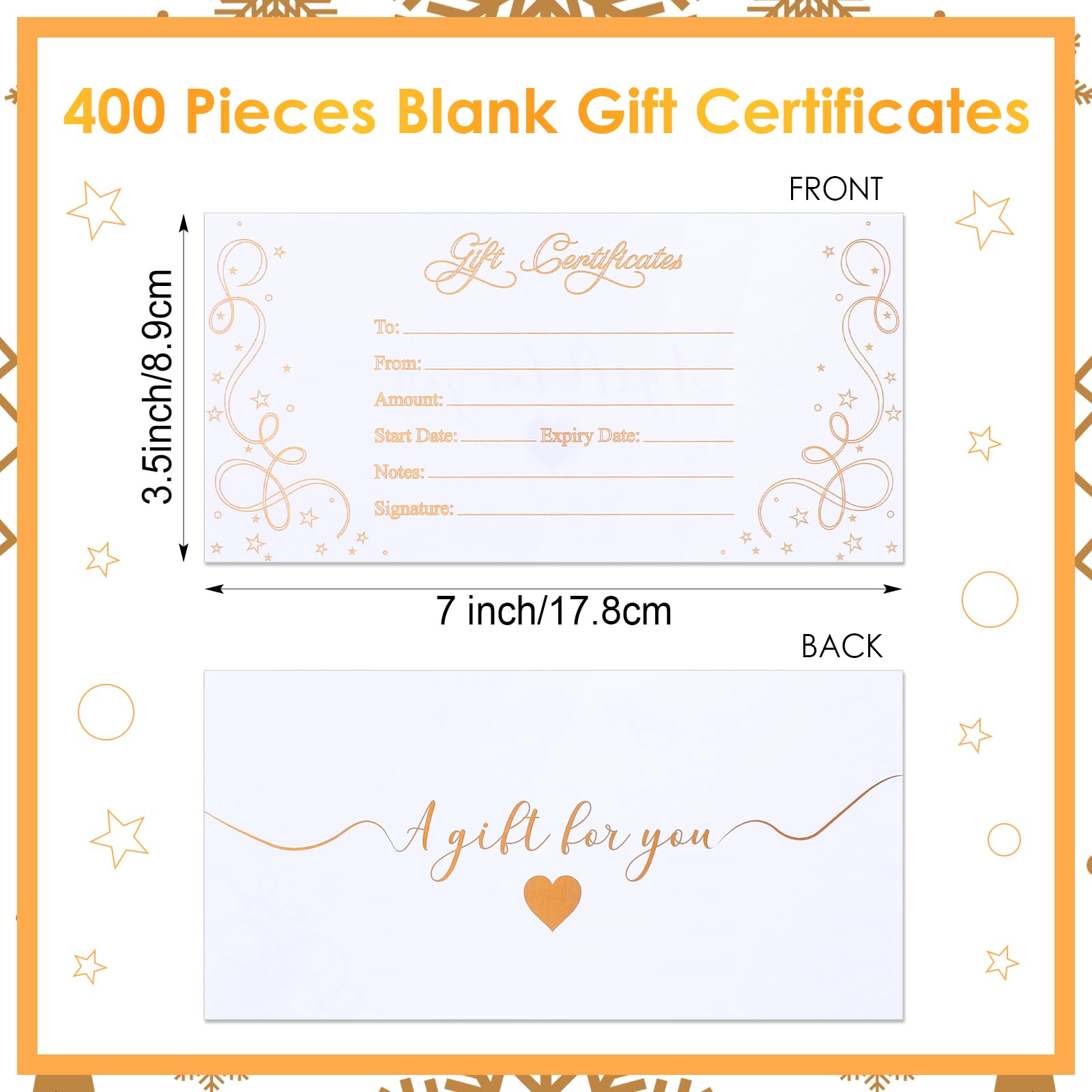 Colarr 400 Pieces Blank Gift Certificates for Business Gold Present Cards Vouchers Gift Certificate Cards for Spa Beauty Salon Restaurant Christmas Wedding Bridal Birthday Holder, 3.5 x 7 Inch