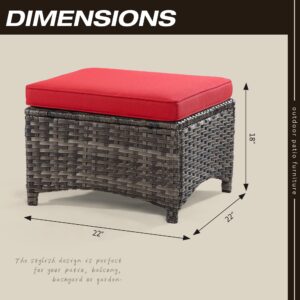 Joyside Outdoor Ottomans for Patio Set of 2 PE Wicker Steel Frame Outdoor Footstool with Removable Olefin Cushions for Garden, Patio, Backyard and Deck, Red