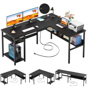 unikito reversible l shaped desk with magic power outlets and usb charging ports, sturdy corner computer desk with storage shelves, gaming table home office desk, easy to assemble, black