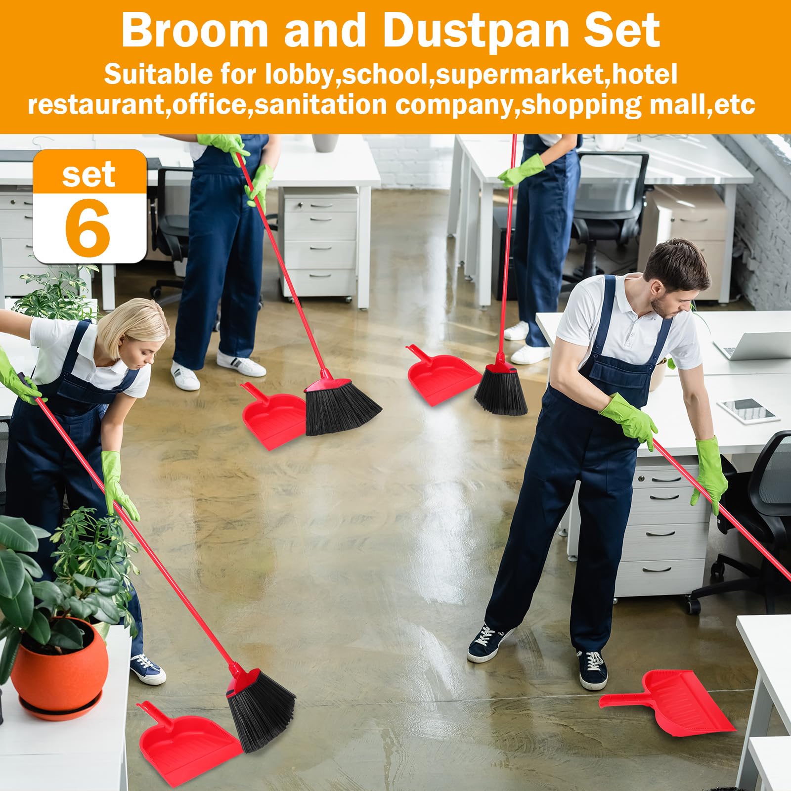 Maxcheck 6 Pcs Broom and Dustpan Set 54 Inch Heavy Duty Brooms with Dust Pan Combo Set Indoor Broom and Dustpan Commercial Shop Angle Brooms Bulk for Home Office Lobby Kitchen(Red)