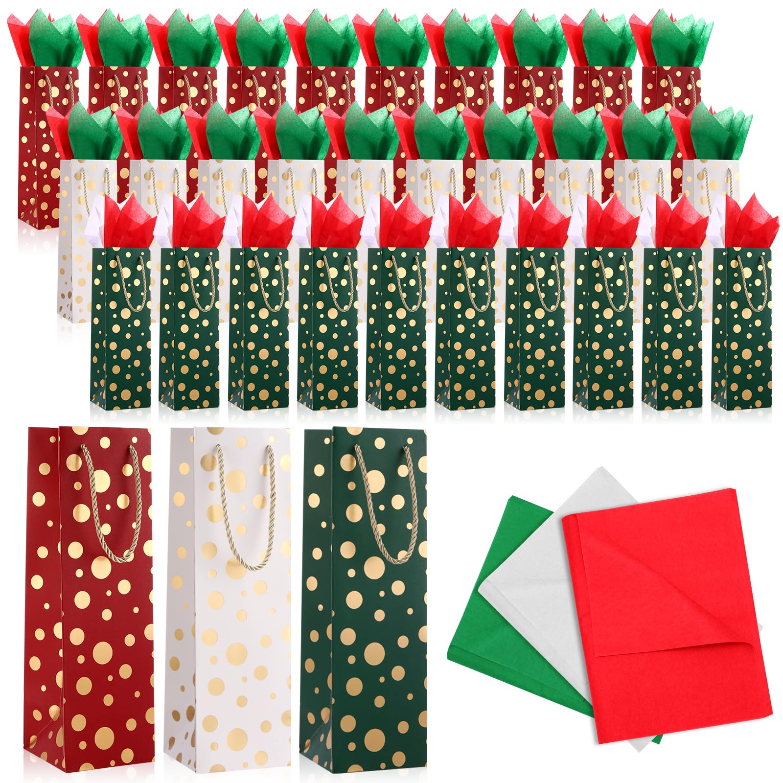 Woanger 60 Pieces Christmas Wine Gift Bags Bulk Red Green White Holiday Wine Bottle Bags with Handles and 300 Tissue Paper for Whiskey Spirits Drinks Xmas Winter Party Gift Wrapping Supplies(Dot)