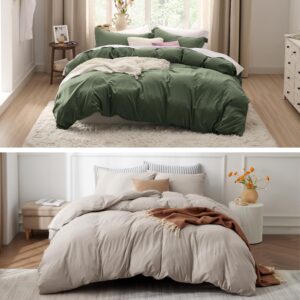 bedsure olive green king prewashed microfiber duvet cover set + tannish linen 100% jersey knit cotton duvet cover set, zipper closure, king size