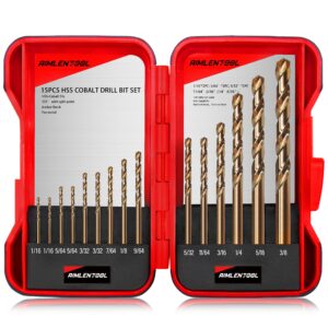 aimlentool 15pcs cobalt drill bit set, m35 hss, sae (1/16" - 3/8"), 135° tip, twist jobber length drill bit kit for hardened metal, stainless steel, cast iron, plastic and wood, indexed storage case