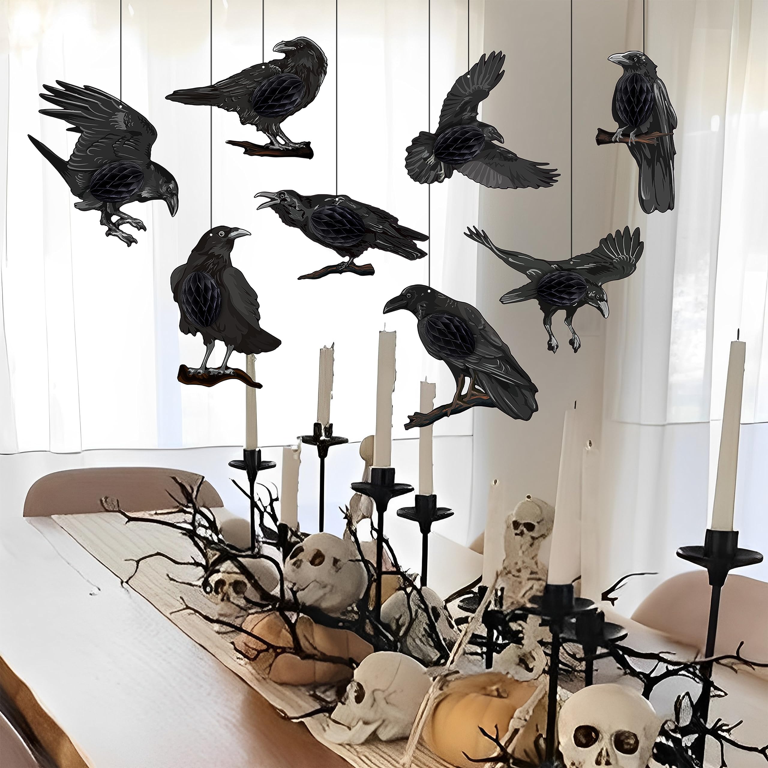 Halloween Black Crows Decorations Honeycomb Paper Cutouts Halloween Tree Hanging Decorations Bird Raven Banner Garland Centerpiece for Halloween Birthday Baby Shower Wedding Party Supplies (Raven 10P)