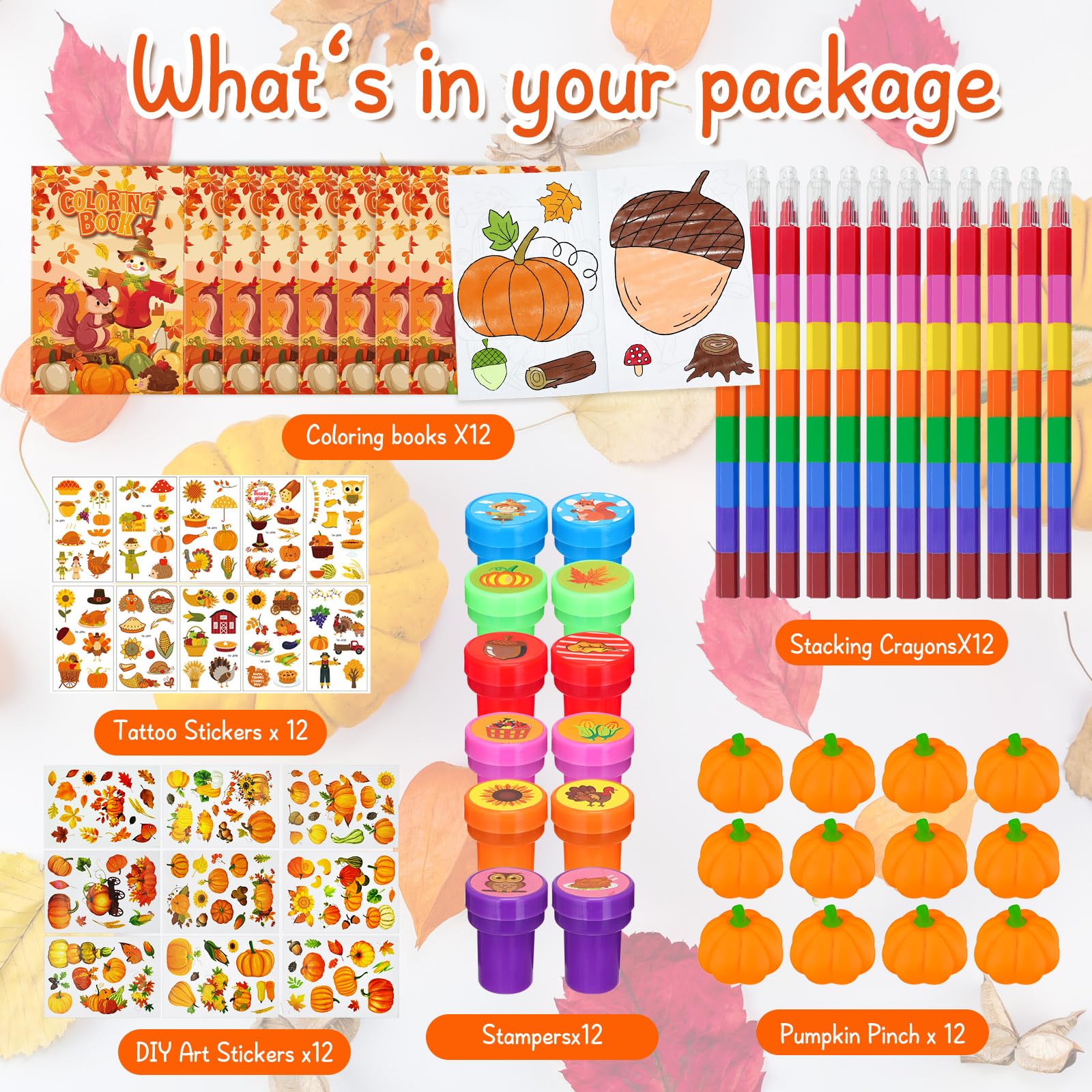 Cinrobiye 72 Pcs Fall Party Favors Thanksgiving Day Fall Coloring Books Squishy Pumpkins Tattoo DIY Sticker Stampers Class Reward Prizes for Autumn Harvest School Party