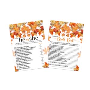 fall in love bridal shower games – 25 pack, he said she said & bride best, fun wedding reception activities, couples engagement party, boho decor, double-sided cards