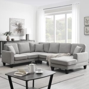 u shape sectional sofa, 7-seat fabric sectional sofa set with 3 pillows,fabric corner couch with backrest and armrest for living room, apartment, office (light grey)