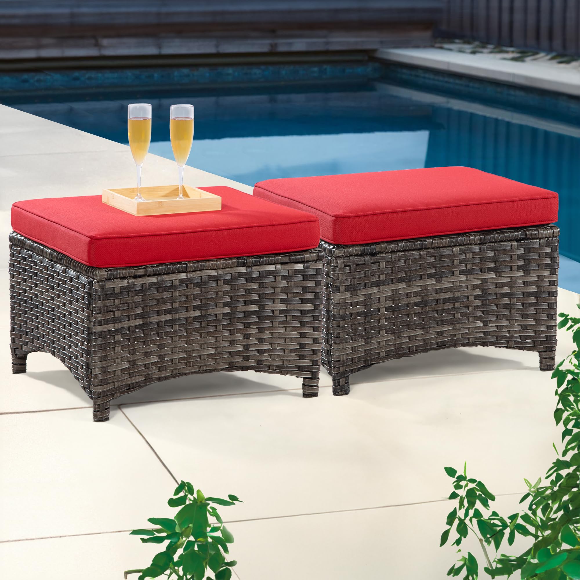 Joyside Outdoor Ottomans for Patio Set of 2 PE Wicker Steel Frame Outdoor Footstool with Removable Olefin Cushions for Garden, Patio, Backyard and Deck, Red