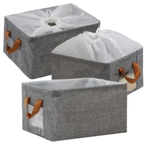 3pc 10 Liters Linen Storage Baskets with Dust-proof Opening & Handles & Visible Window, Foldable Small Fabric Bins Decorative Basket Organizer Boxes for Organizing Dresser Shelves